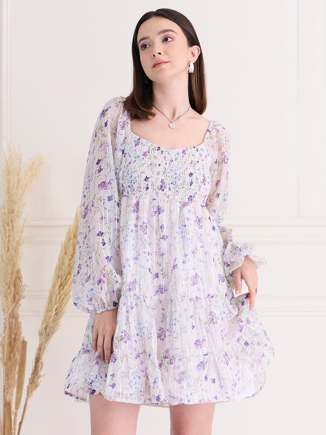 Buy MAGRE Flex Fit Floral Printed Smocked Puff Sleeve Georgette Fit ...