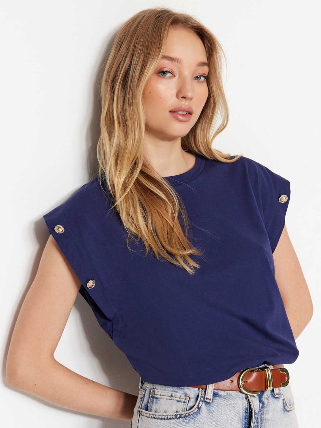 Buy Trendyol Extended Sleeves Round Neck Cotton T Shirt Tshirts For