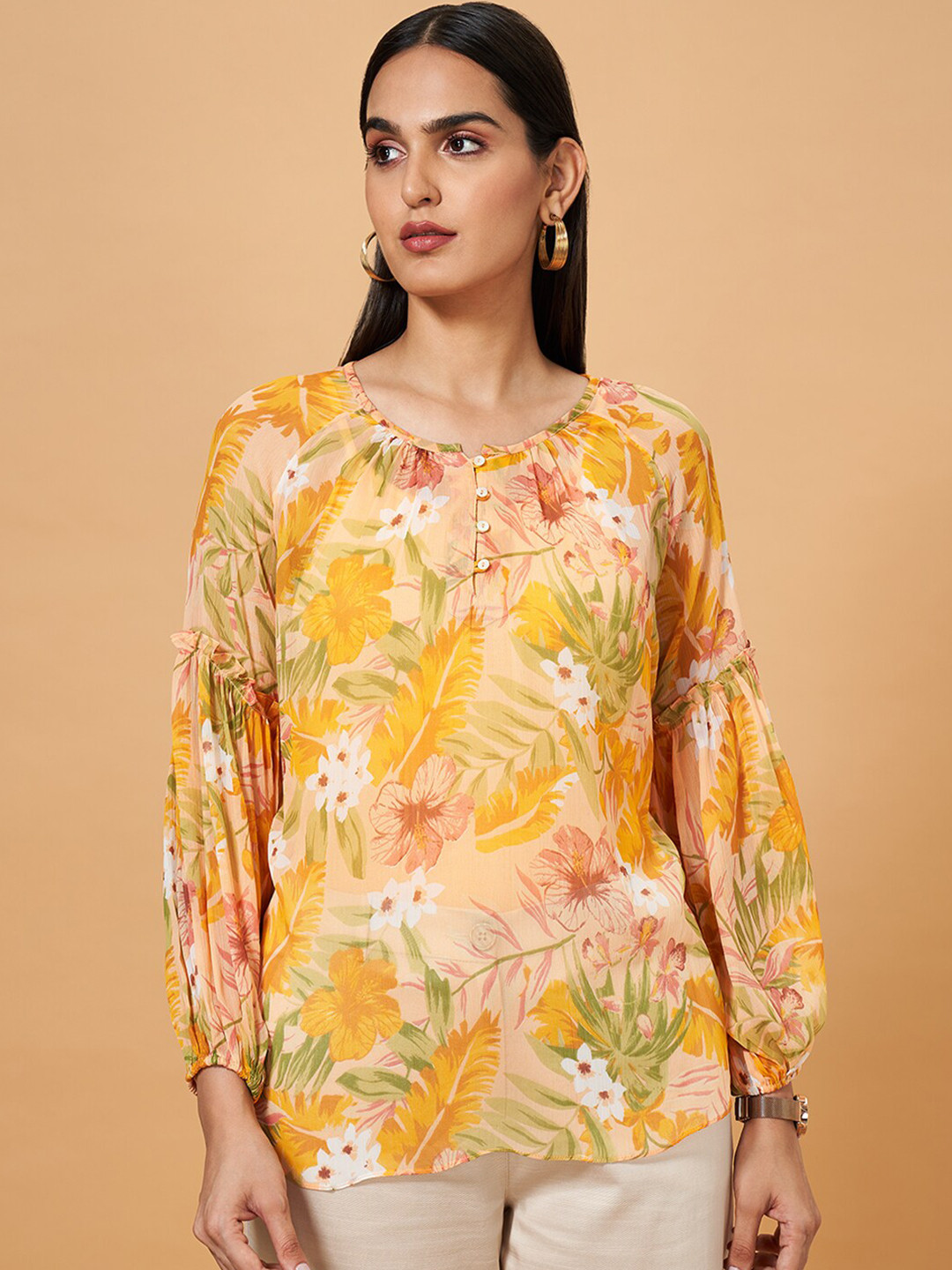 Buy Marigold Lane Floral Print Round Neck Puff Sleeve Top - Tops for ...