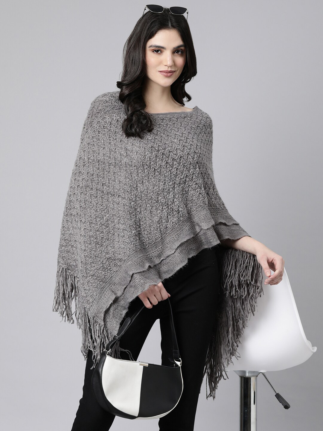 Buy SHOWOFF Women Cable Knit Longline Poncho With Fringed Detail ...