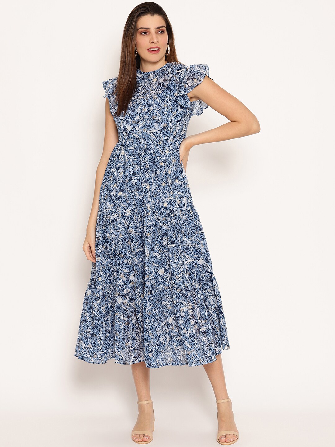 Buy House Of Kkarma Floral Printed Flutter Sleeve Georgette Fit And Flare