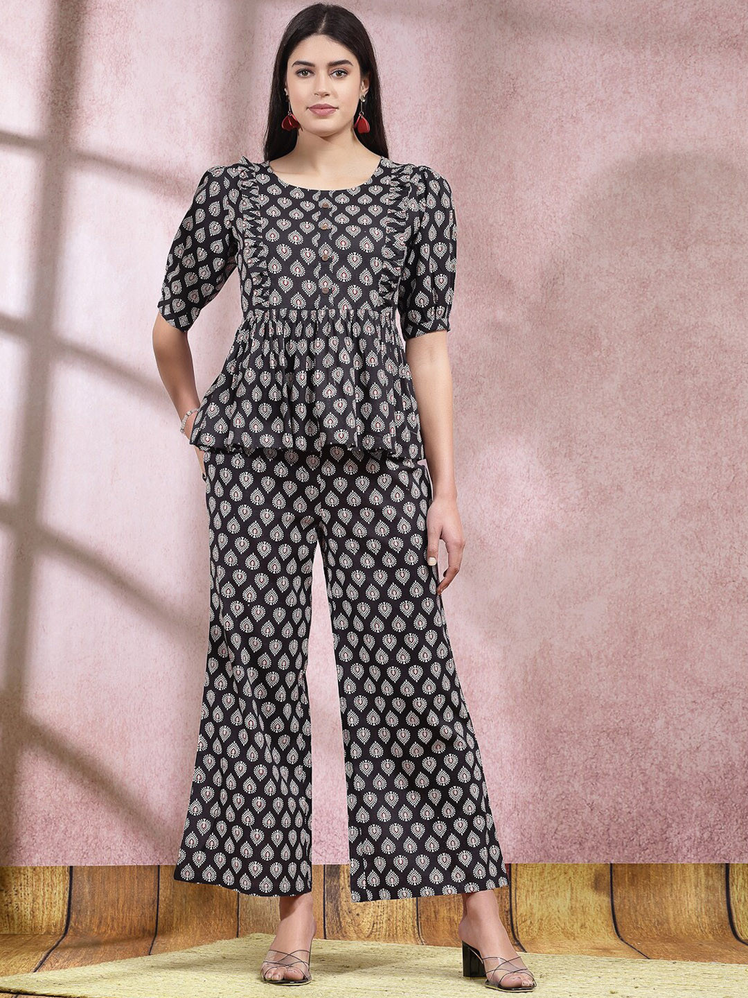 Buy Stylum Ethnic Motif Printed Puff Sleevess Pure Cotton Peplum Top ...