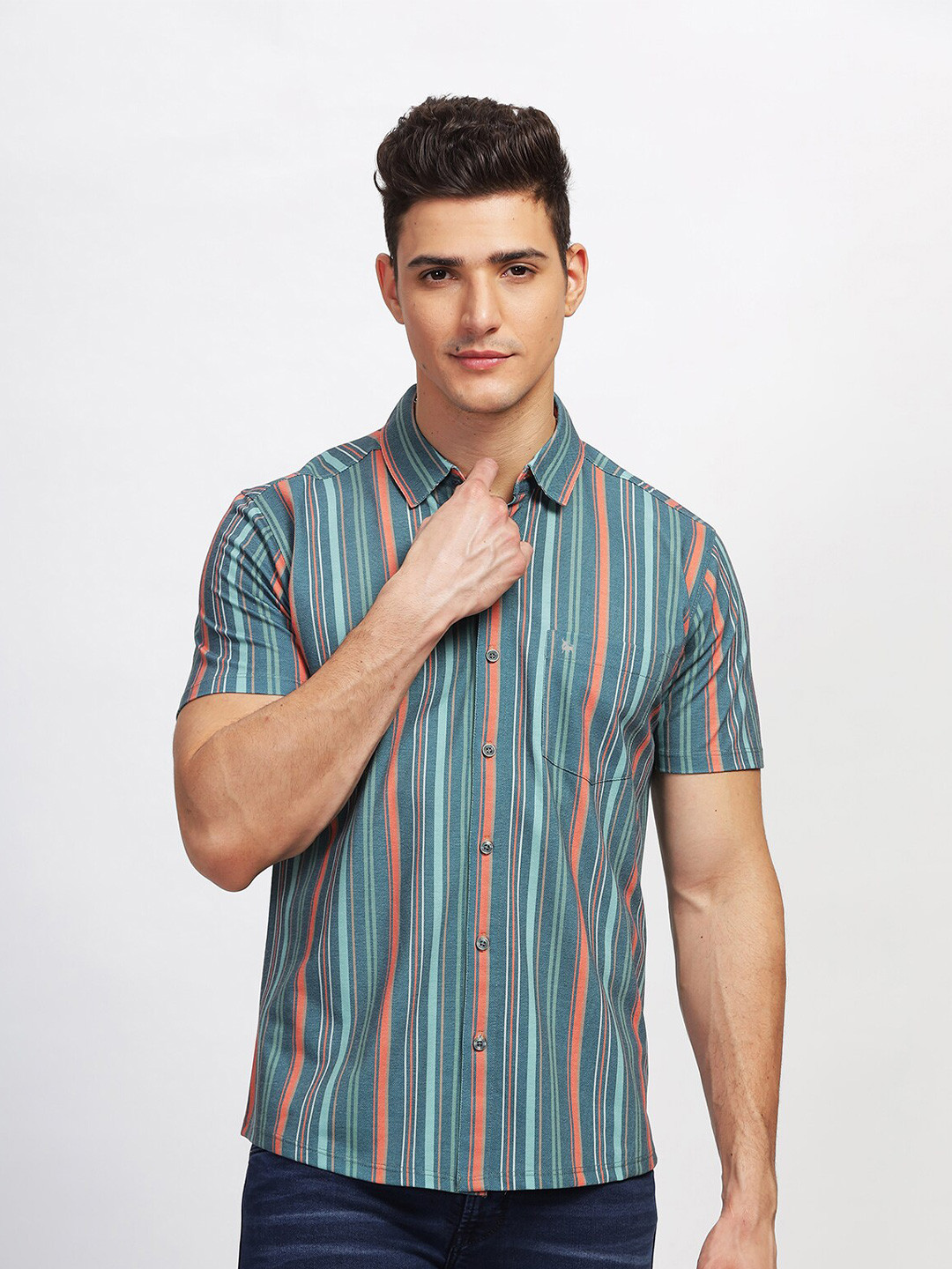 Buy BULLMER Straight Spread Collar Cotton Striped Curved Casual Shirt ...
