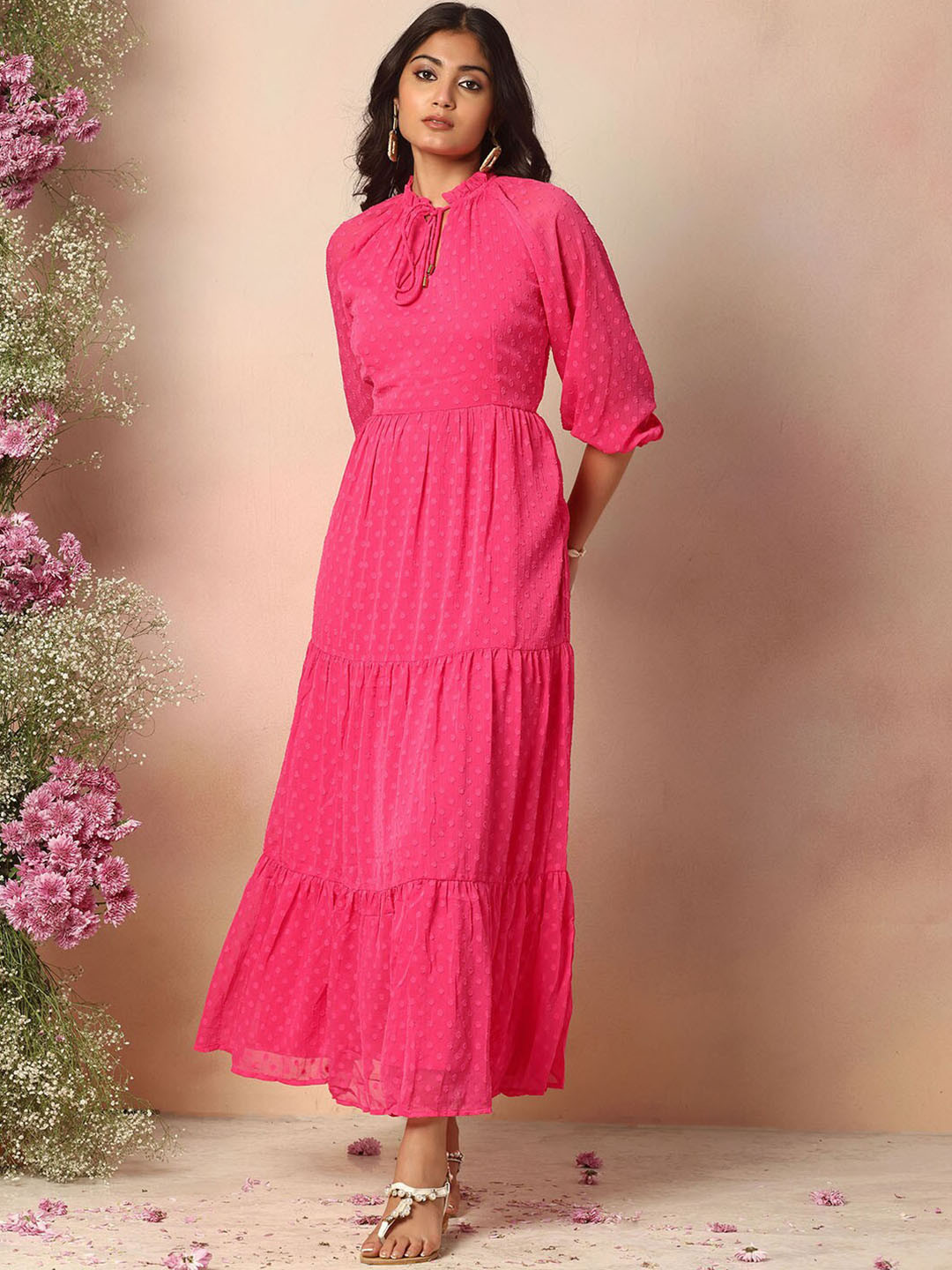 Buy FabAlley Women Self Design Tie Up Neck Georgette Maxi Dress ...