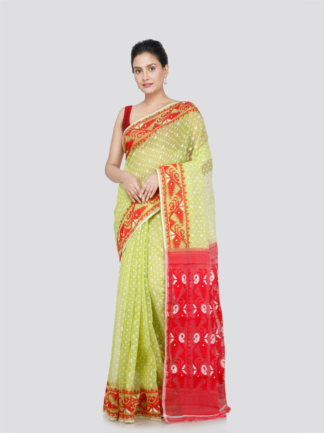 Buy PinkLoom Ethnic Motifs Woven Design Zari Pure Cotton Jamdani Saree - Sarees for Women ...