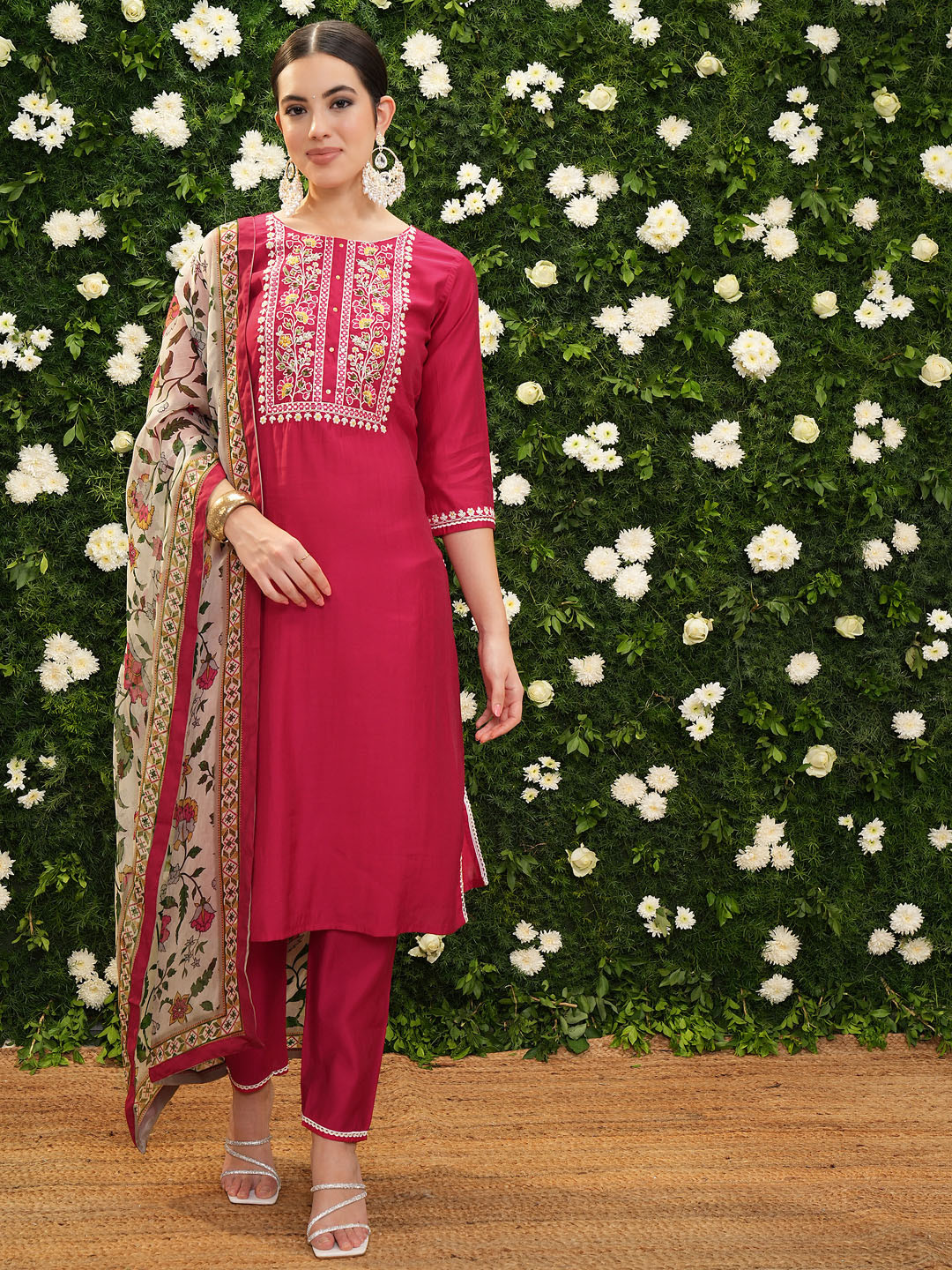 Buy Vishudh Pink Ethnic Motifs Yoke Design Thread Work Kurta With ...