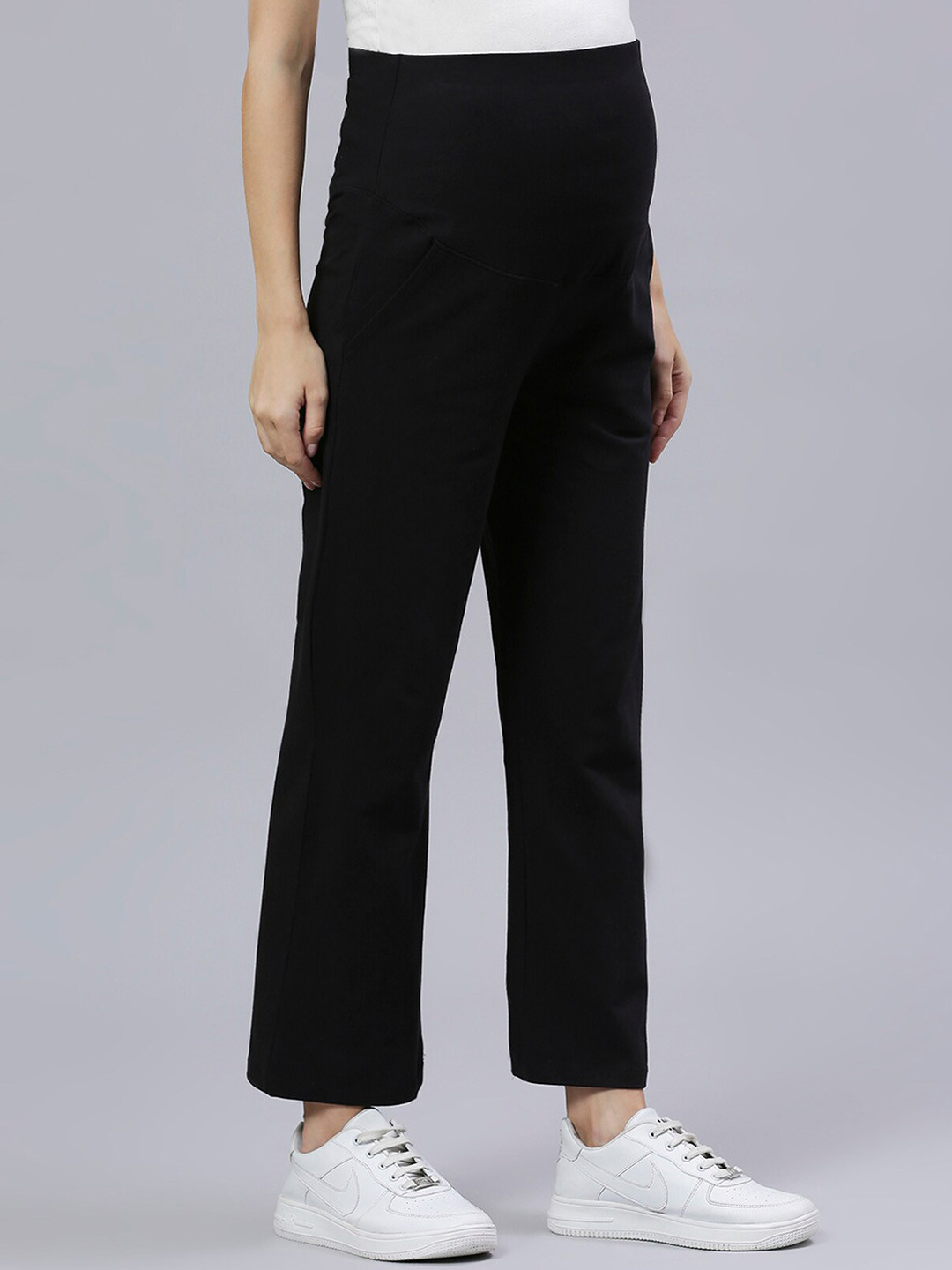 Buy MomToBe Women Relaxed High Rise Easy Wash Cotton Maternity Trousers ...