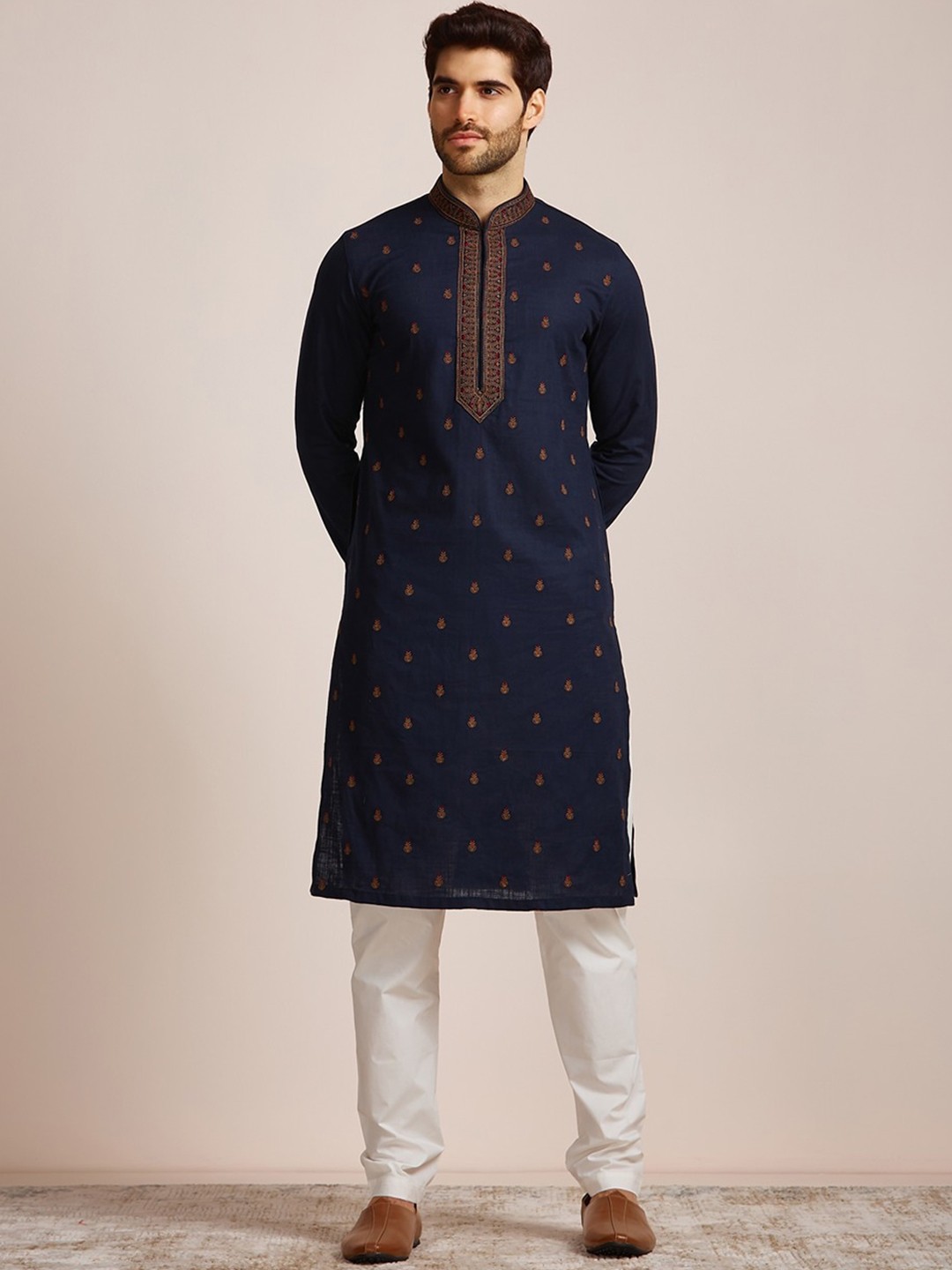 Buy Manyavar Mandarin Collar Long Sleeves Ethnic Motifs Embroidered