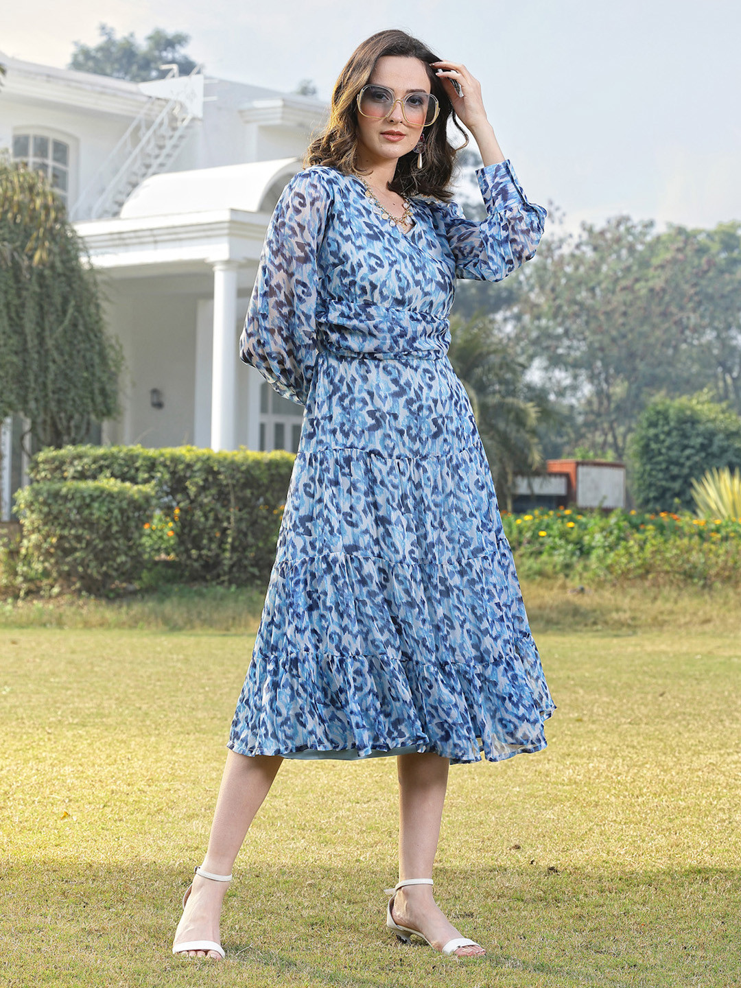 Buy PlusS Blue Floral Printed Puff Sleeve Dress - Dresses for Women ...
