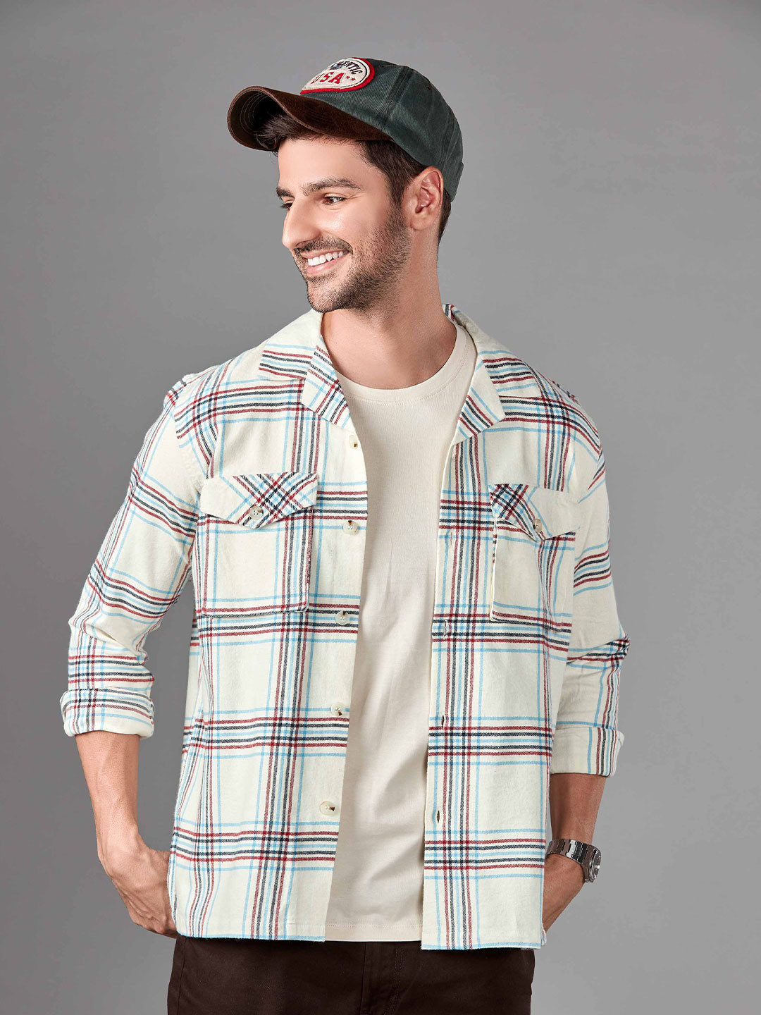 Buy HAMPTONS Pure Cotton Brushed Fabric Double Pocket Checkered Over ...