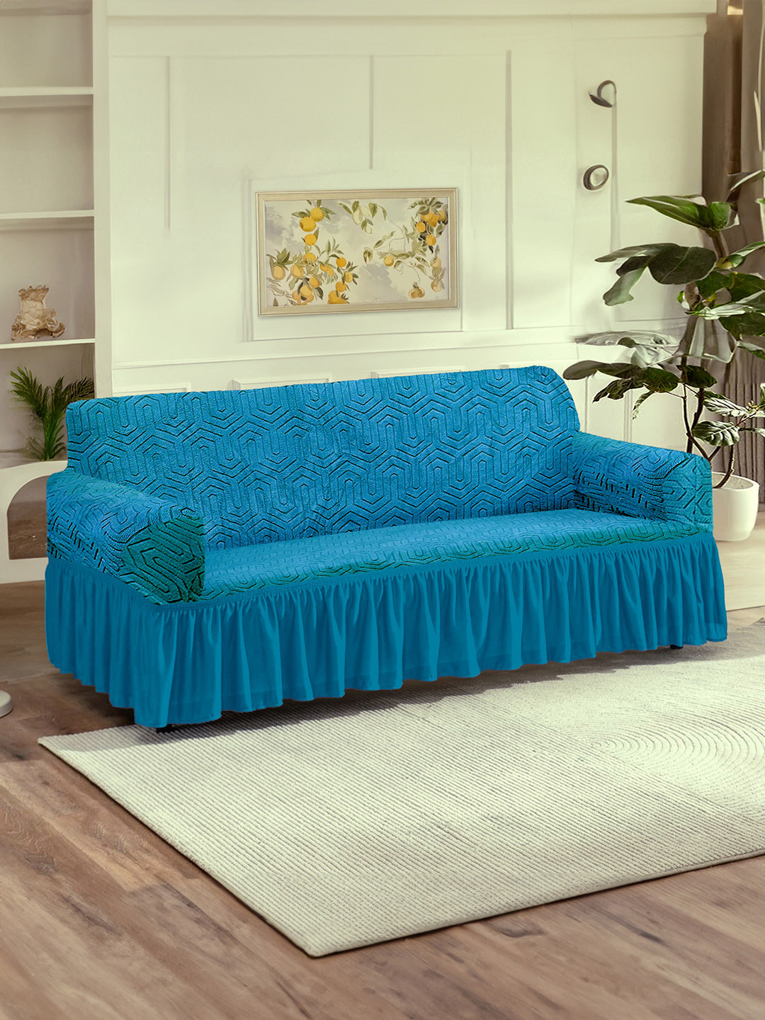 Buy Cortina Blue Jacquard 1 Piece Sofa Cover With Arms - Sofa Covers ...