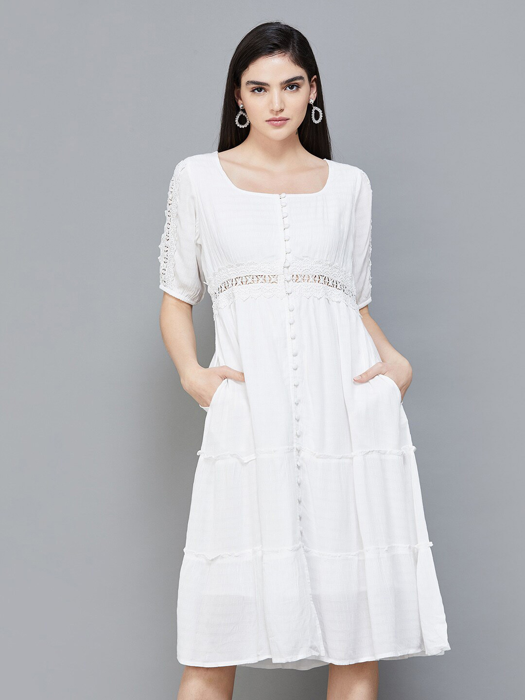 Buy CODE By Lifestyle Women Puff Sleeve Lace Detail Empire Dress ...