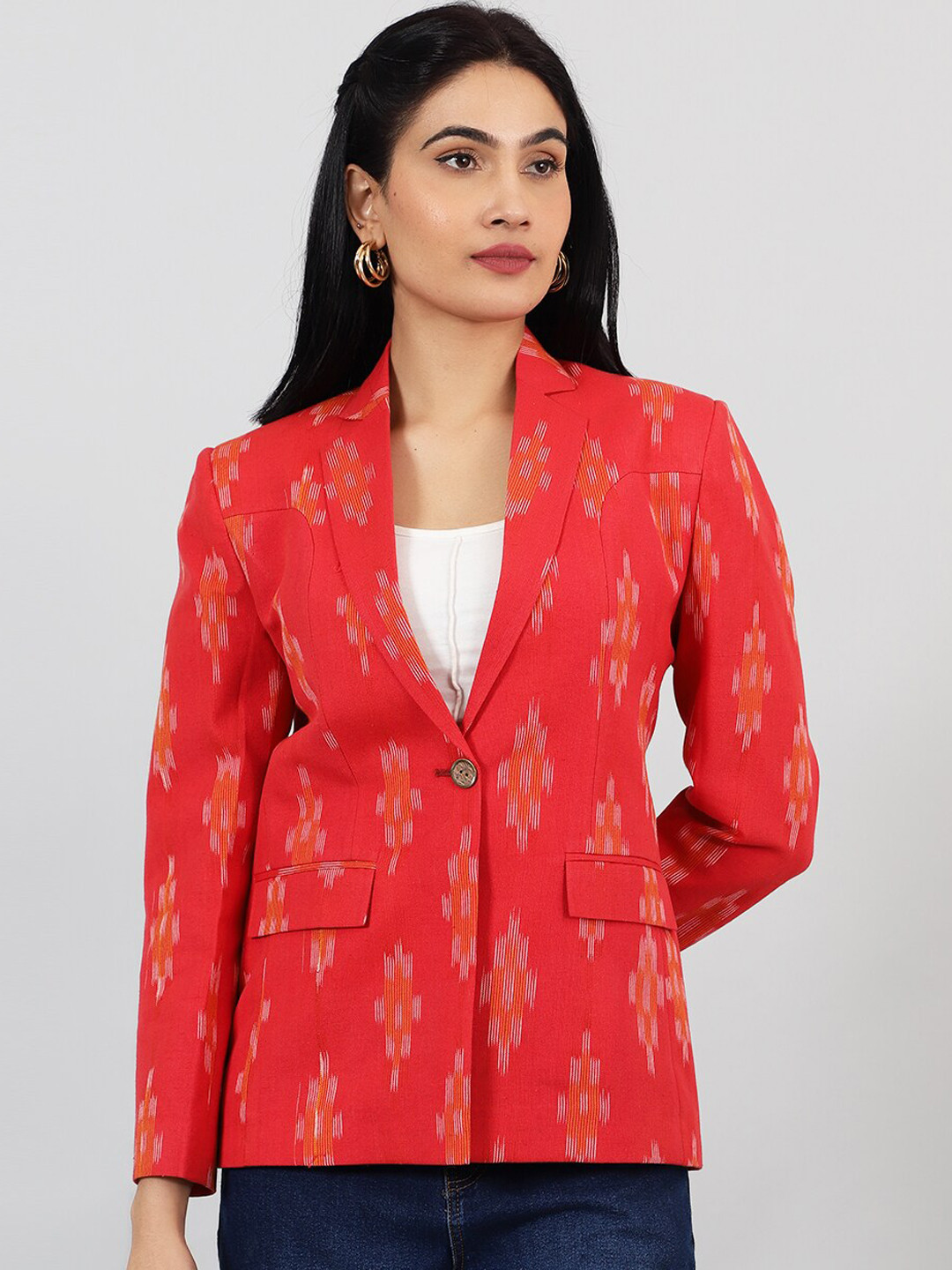 Buy INDOPHILIA Woven Design Ikat Cotton Single Breasted Blazer ...