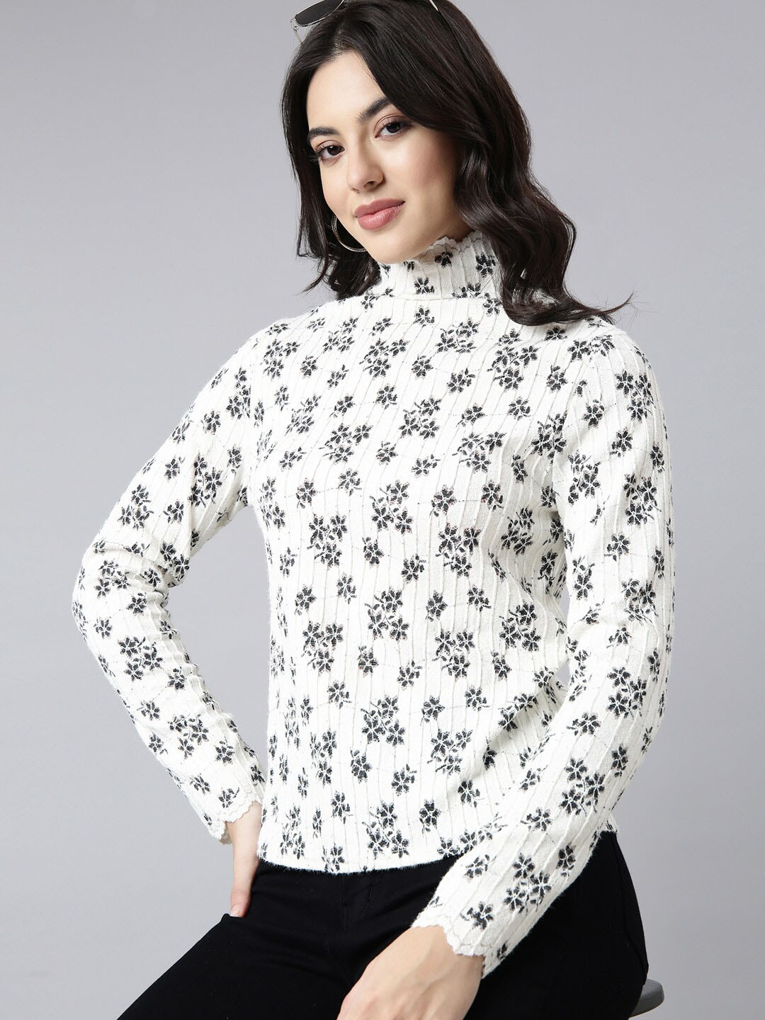 Buy SHOWOFF Floral High Neck Monochrome Fitted Top - Tops for Women ...