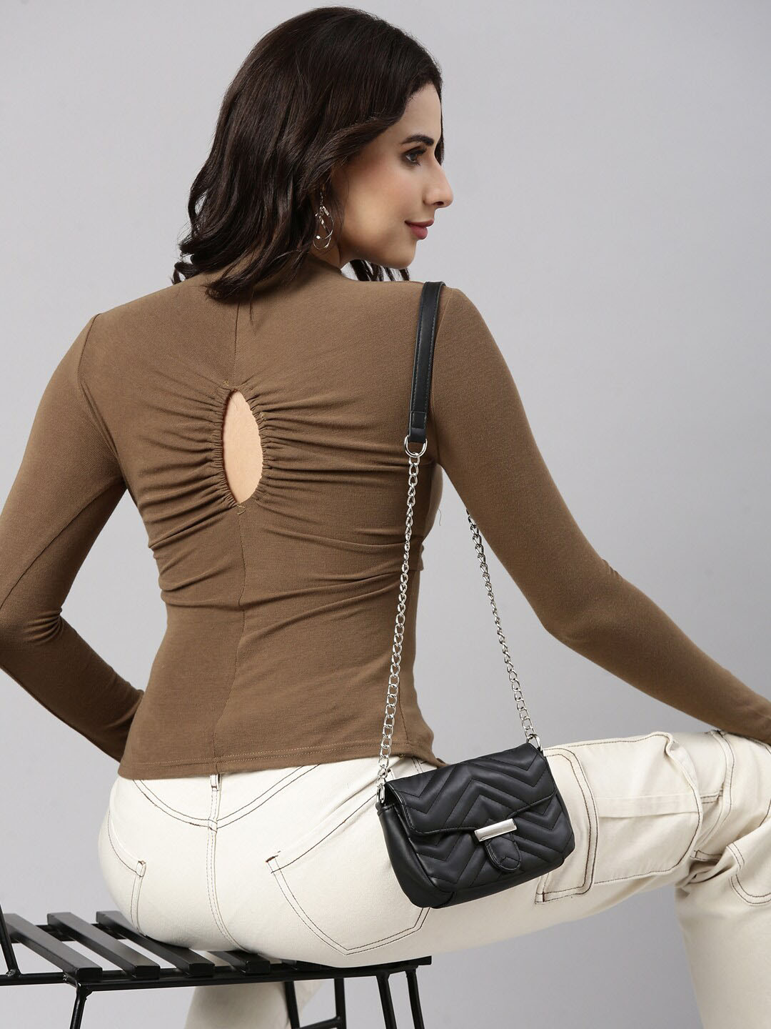 Buy SHOWOFF High Neck Long Sleeves Styled Back Opaque Casual Top - Tops ...