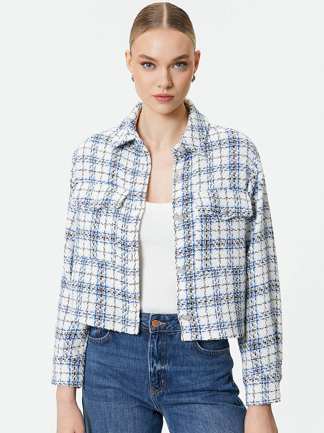 Buy Koton Women Checked Crop Tailored Jacket - Jackets for Women ...