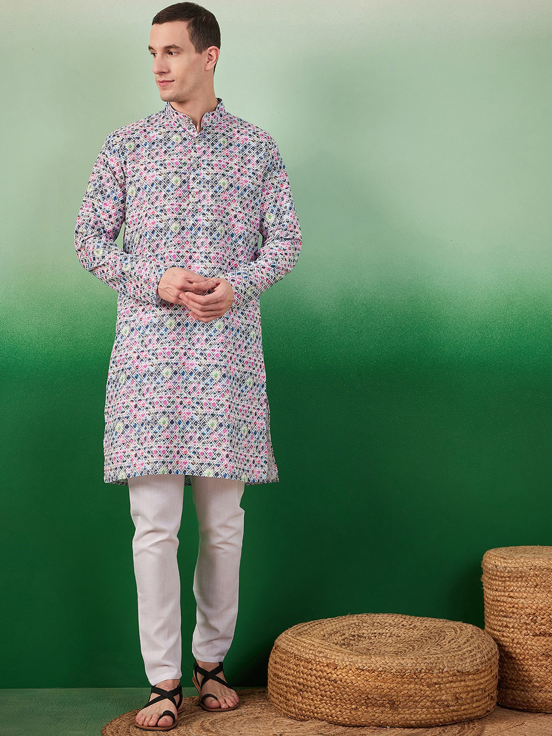 Buy Sangria Geometric Printed Straight Kurta With Pyjama Set - Kurta ...