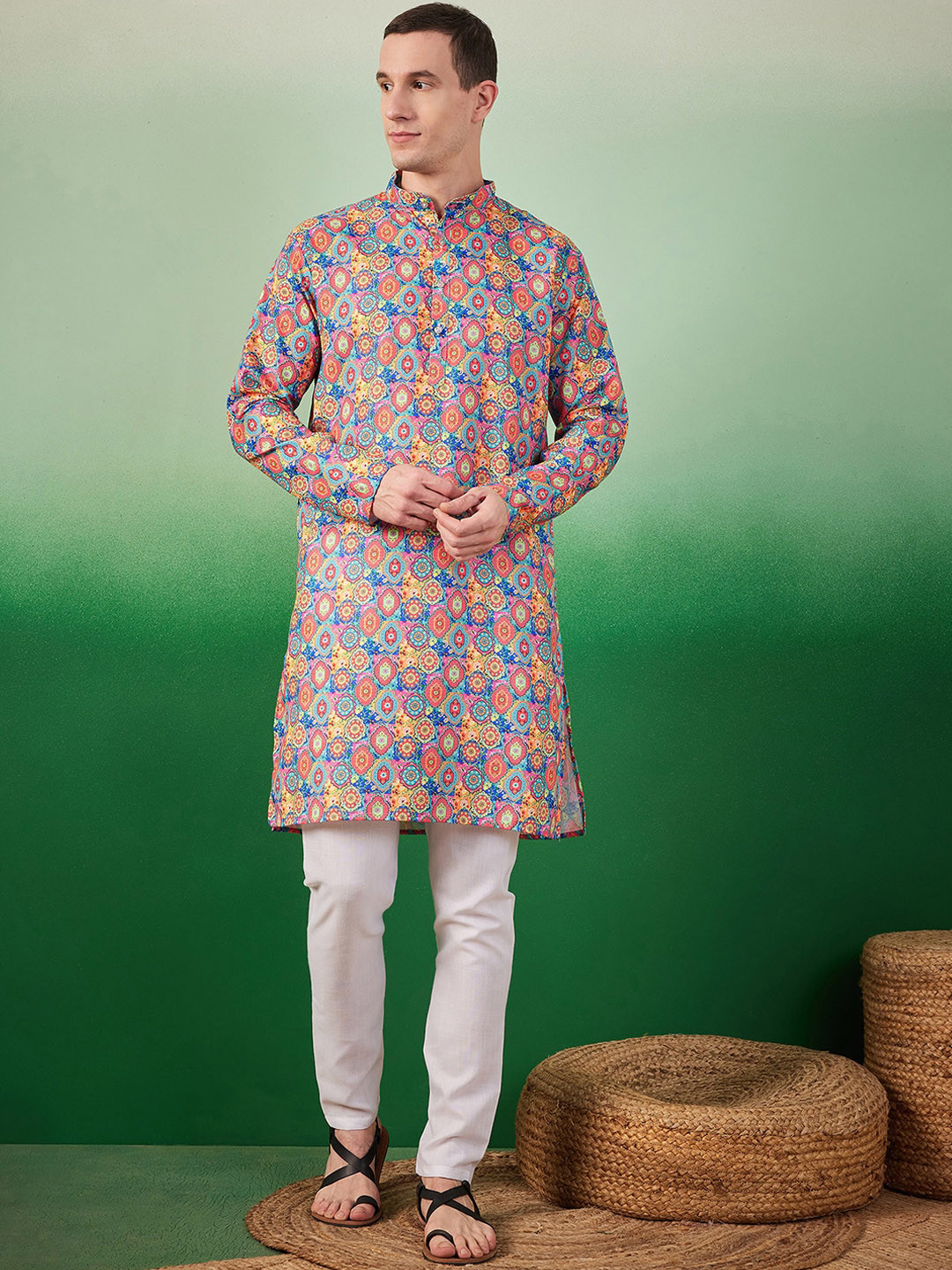 Buy Sangria Digital Ethnic Motifs Printed Band Collar Kurta With Pyjama ...