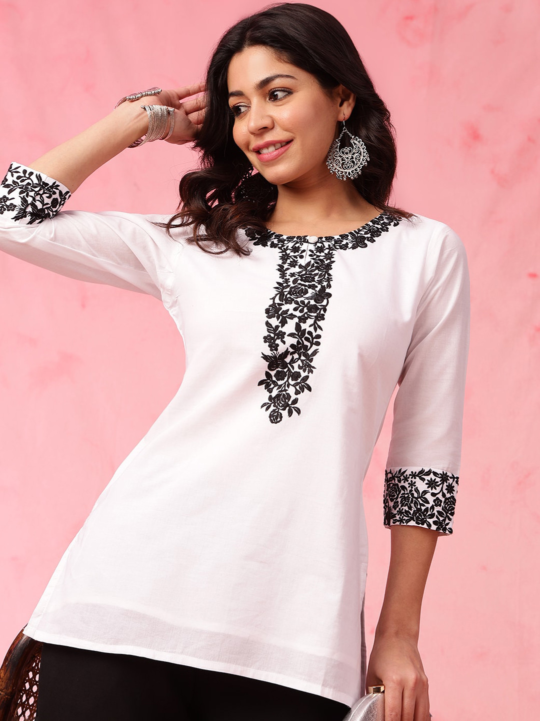 Buy Anouk White Floral Embroidered Thread Work Pure Cotton Straight ...