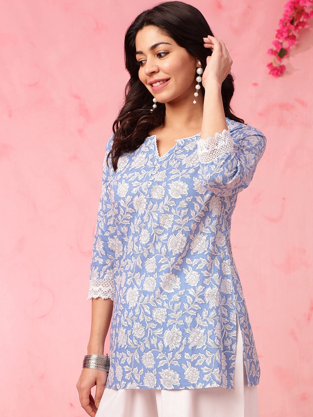 Buy Anouk Blue Floral Printed Straight Pure Cotton Kurti Kurtis For
