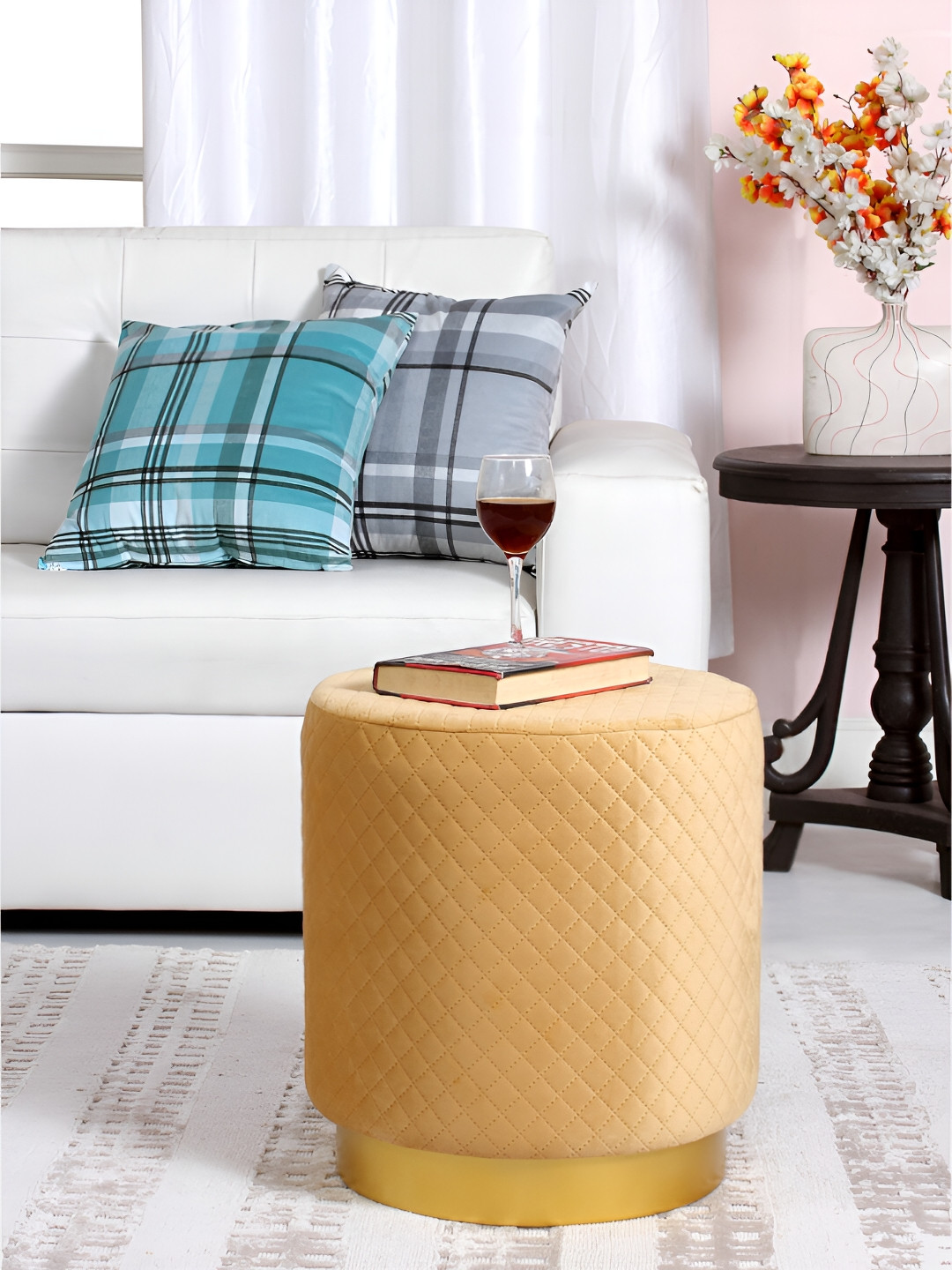 Buy Shadowkart Beige Checked Velvet & Wooden Round Ottoman - Ottomans ...