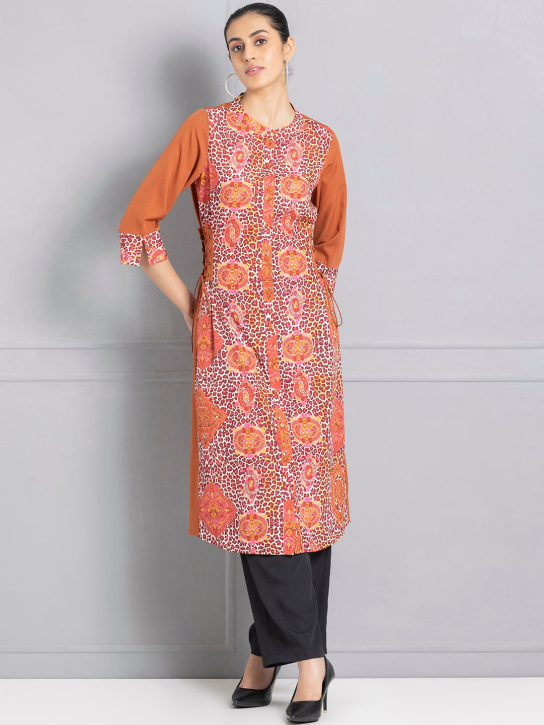 Buy SHAYE Ethnic Motifs Printed Band Collar Tie Up Crepe A Line Kurta ...