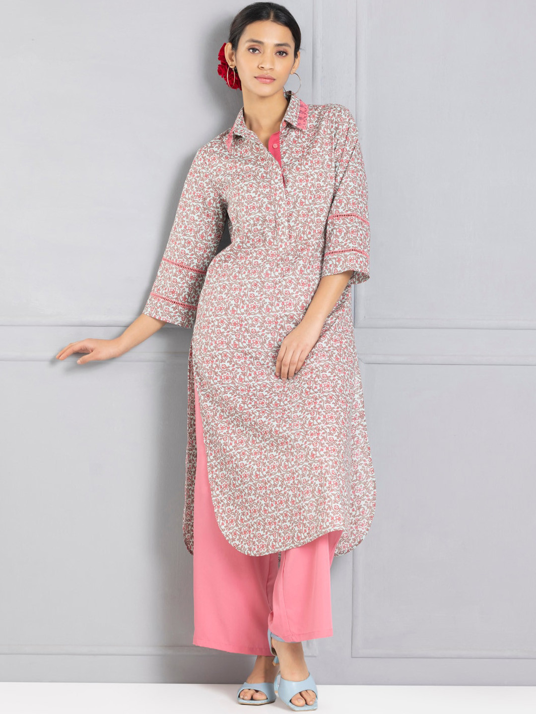 Buy SHAYE Ethnic Motifs Printed Cut Work Pure Cotton Straight Kurta ...