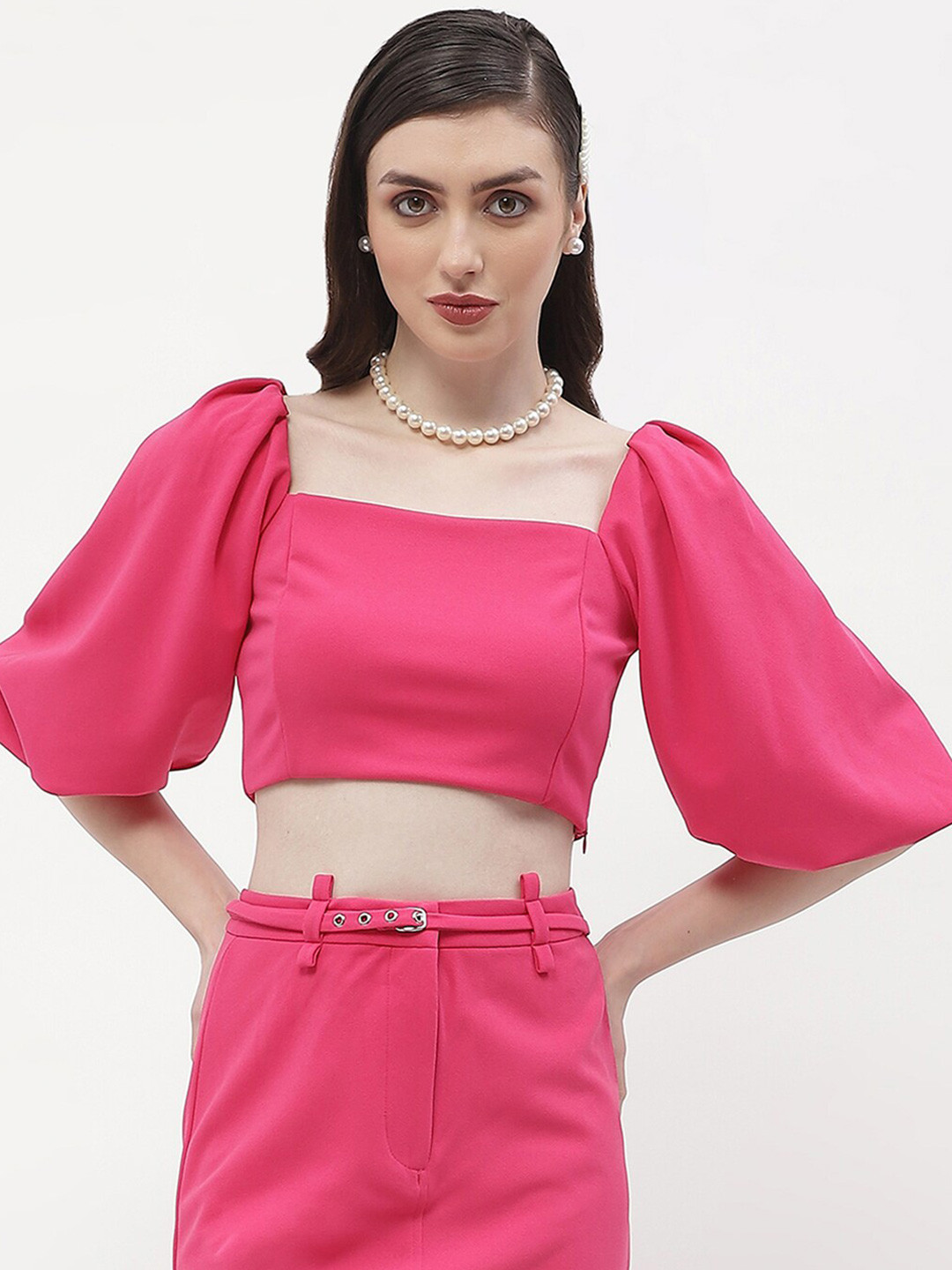 Buy Madame Square Neck Puff Sleeve Fitted Opaque Crop Top - Tops for ...