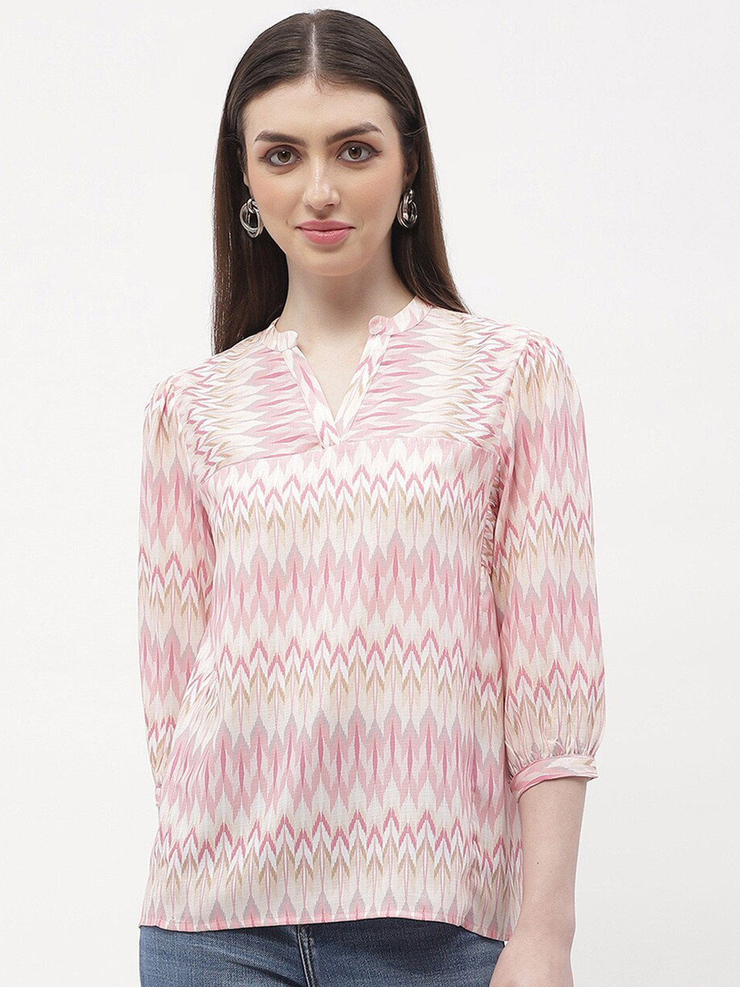 Buy Madame Geometric Printed Mandarin Collar Opaque Top - Tops for ...