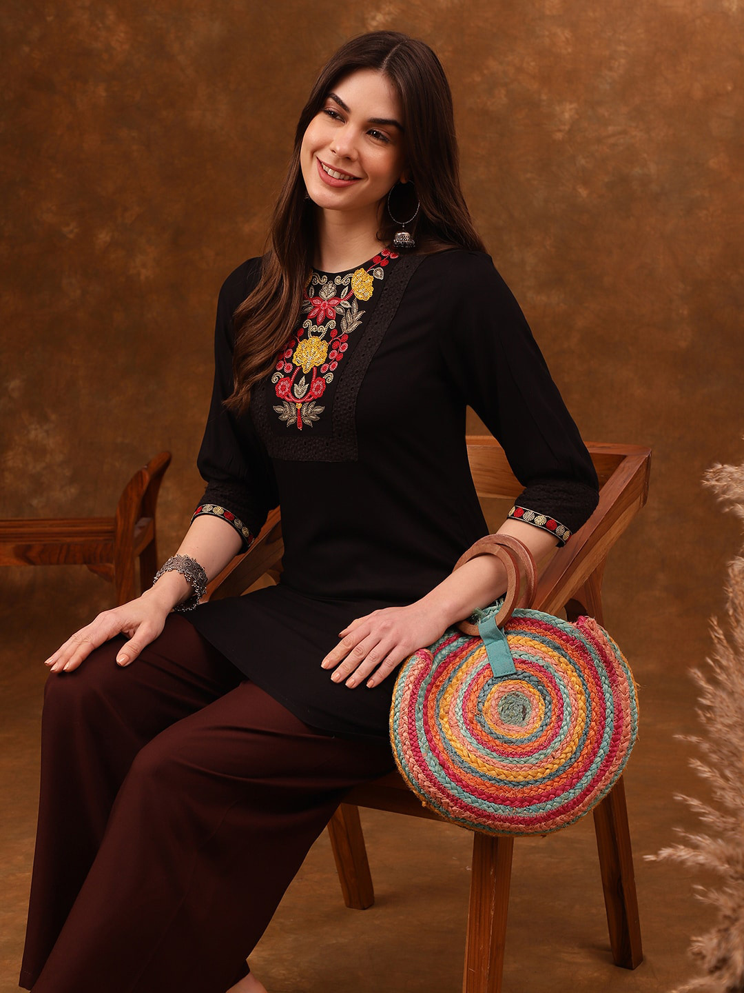 Buy Anouk Floral Yoke Design Thread Work Straight Kurta - Kurtas for ...