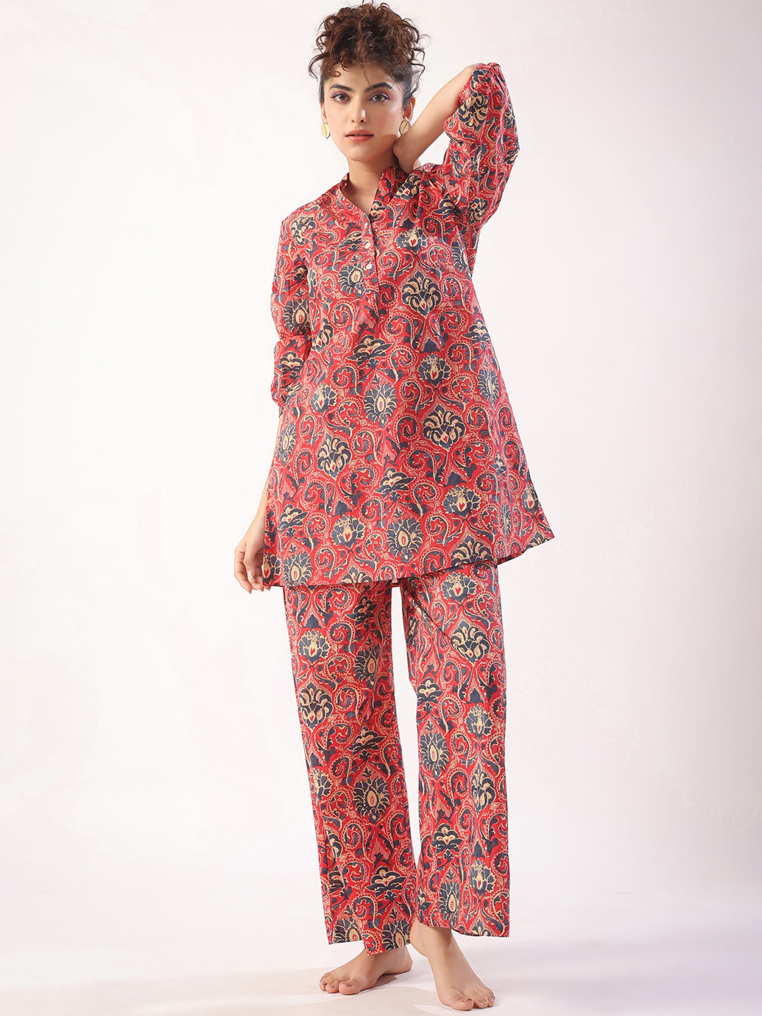 Buy JISORA Red Ethnic Motifs Printed Night Suit - Night Suits for Women ...