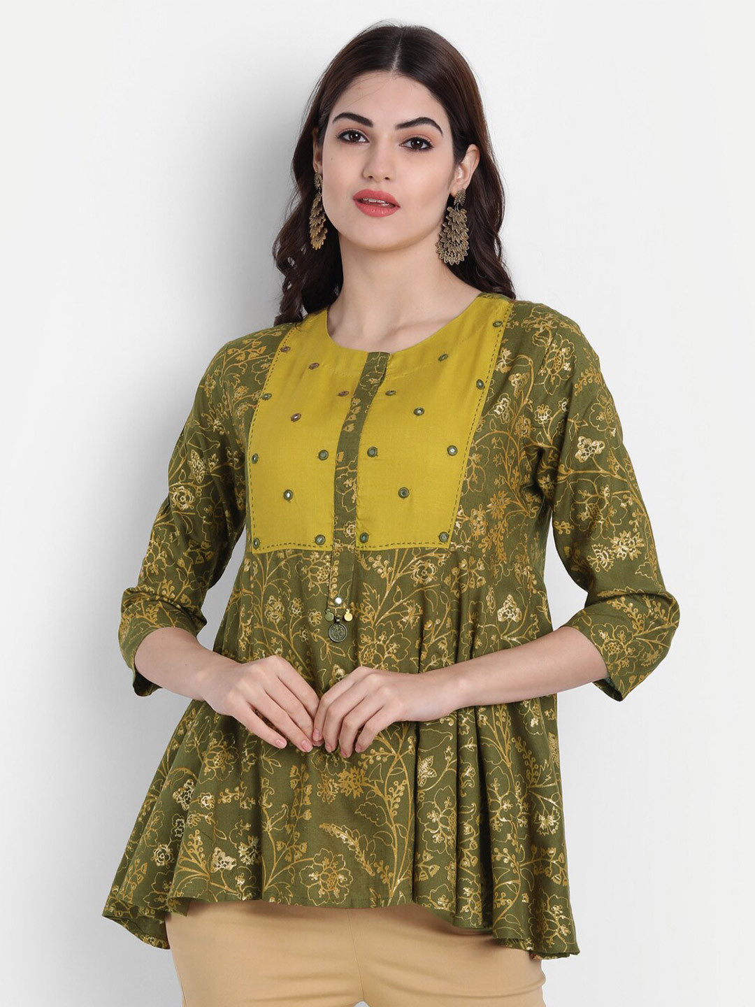 Buy SUTI Floral Printed Mirror Work A Line Top - Tops for Women ...