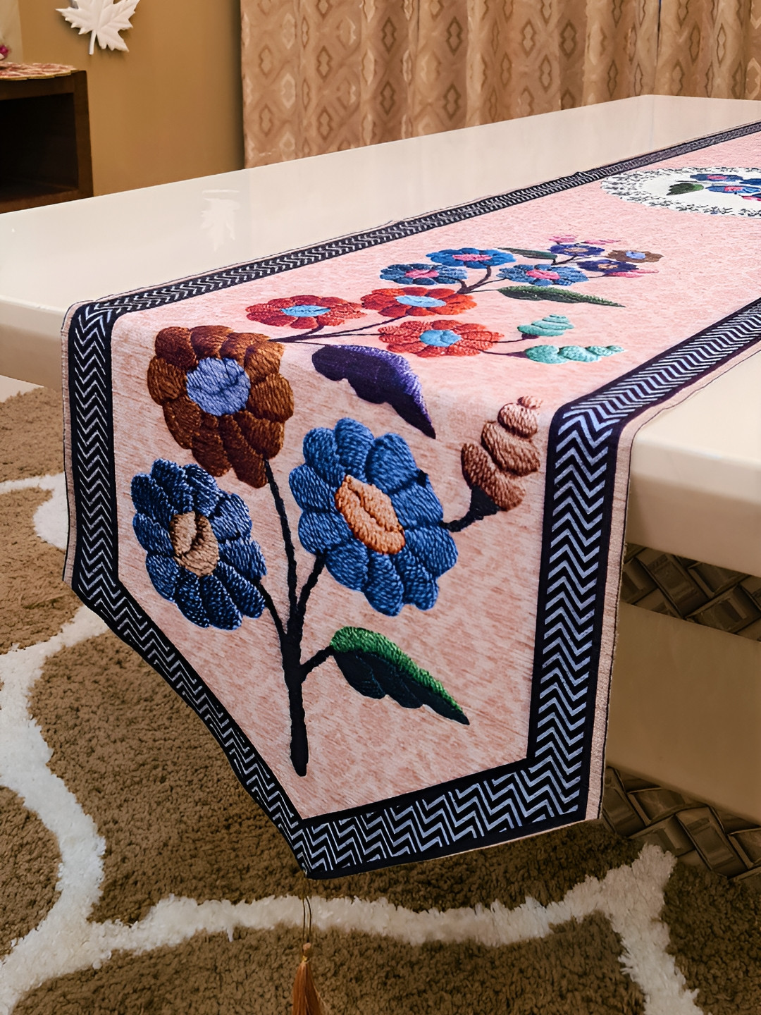 Buy GROKI Blue & Peach Floral Embroidered Dustproof Table Runner ...