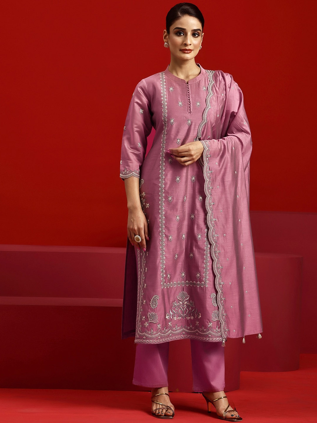 Buy Libas Art Ethnic Motifs Embroidered Mandarin Collar Straight Kurta