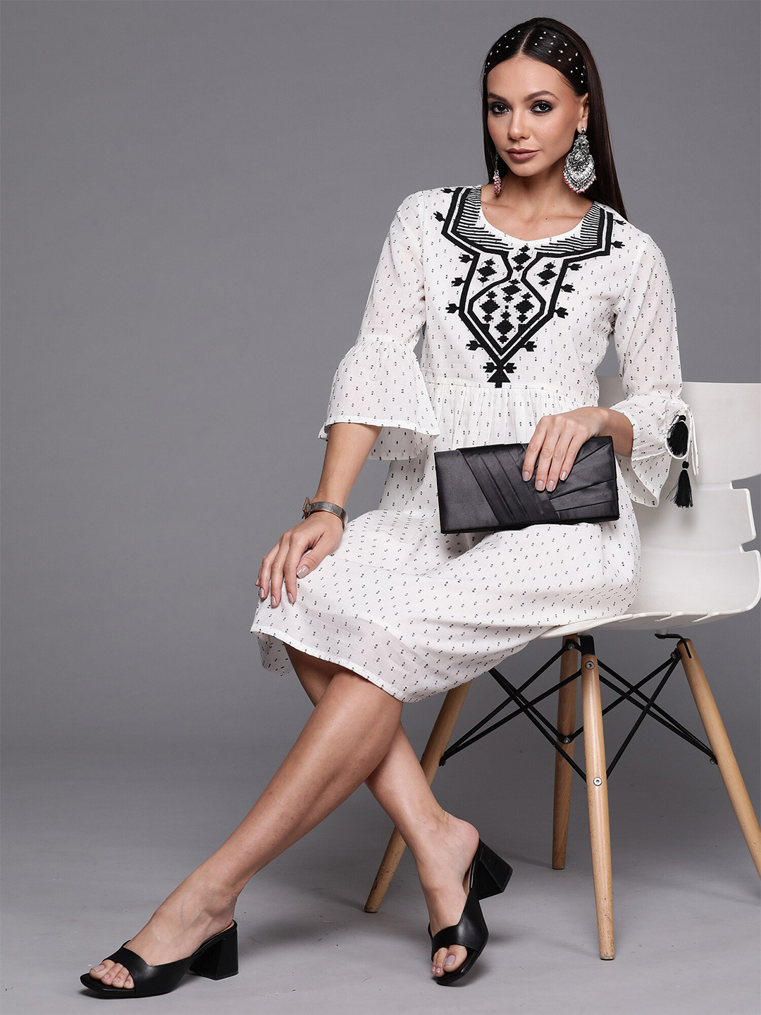 Buy Anouk Geometric Embroidered Round Neck Bell Sleeve Ruffled Cotton A ...