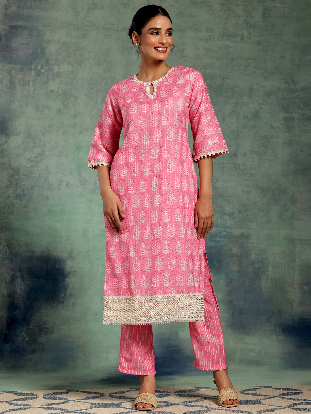Buy Libas Pink Floral Printed Gotta Patti Straight Kurta With Trousers ...