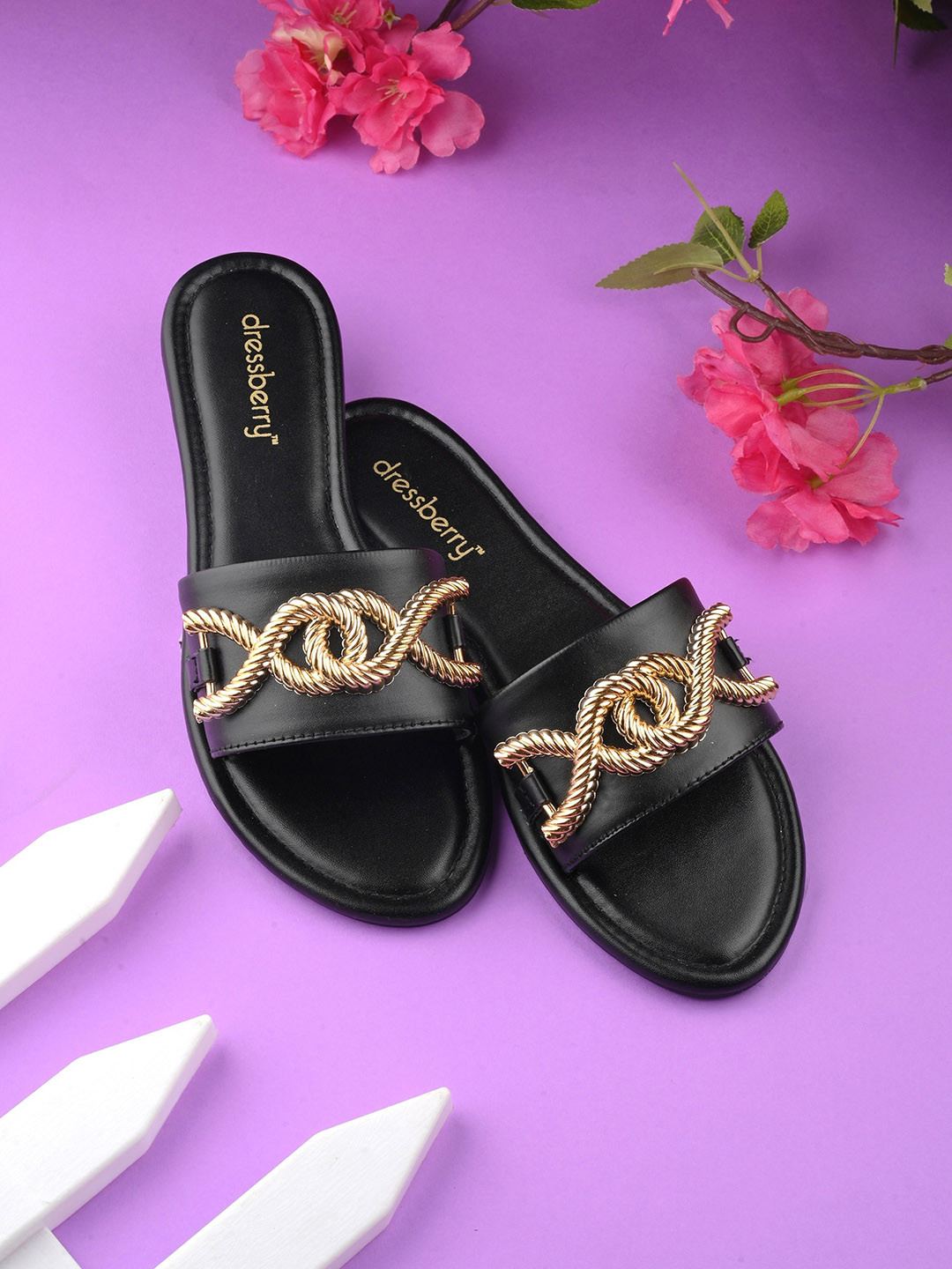 Buy DressBerry Black Embellished Open Toe Flats - Flats for Women ...