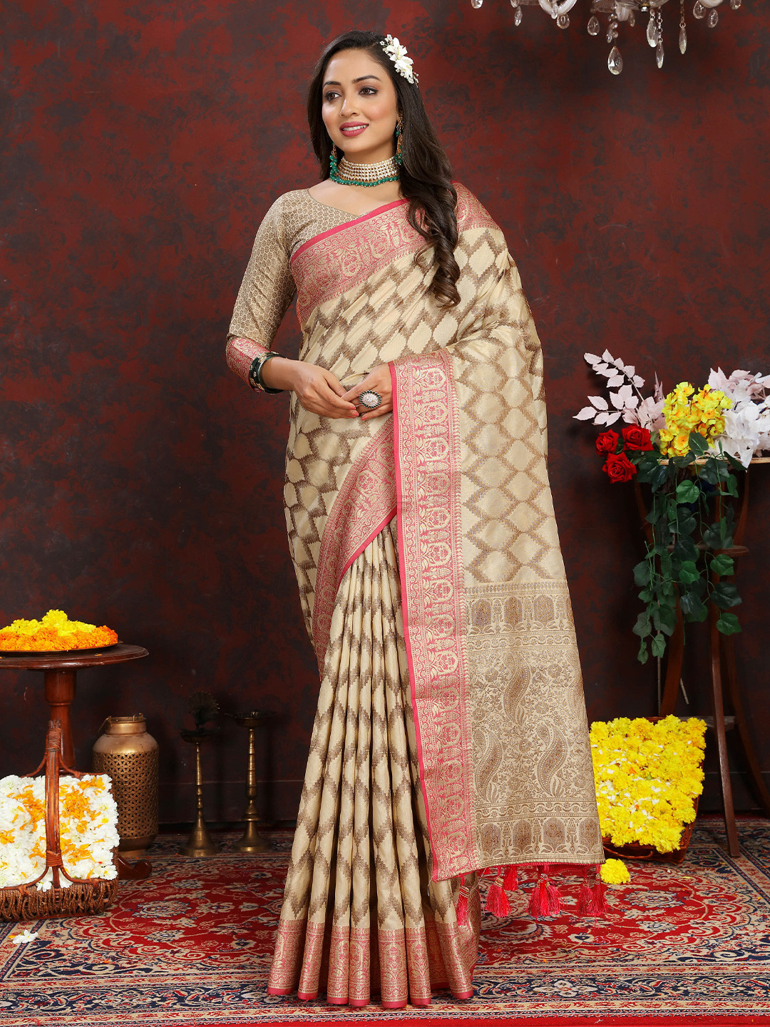 Buy Divyadham Textiles Ethnic Motifs Woven Design Zari Pure Silk ...