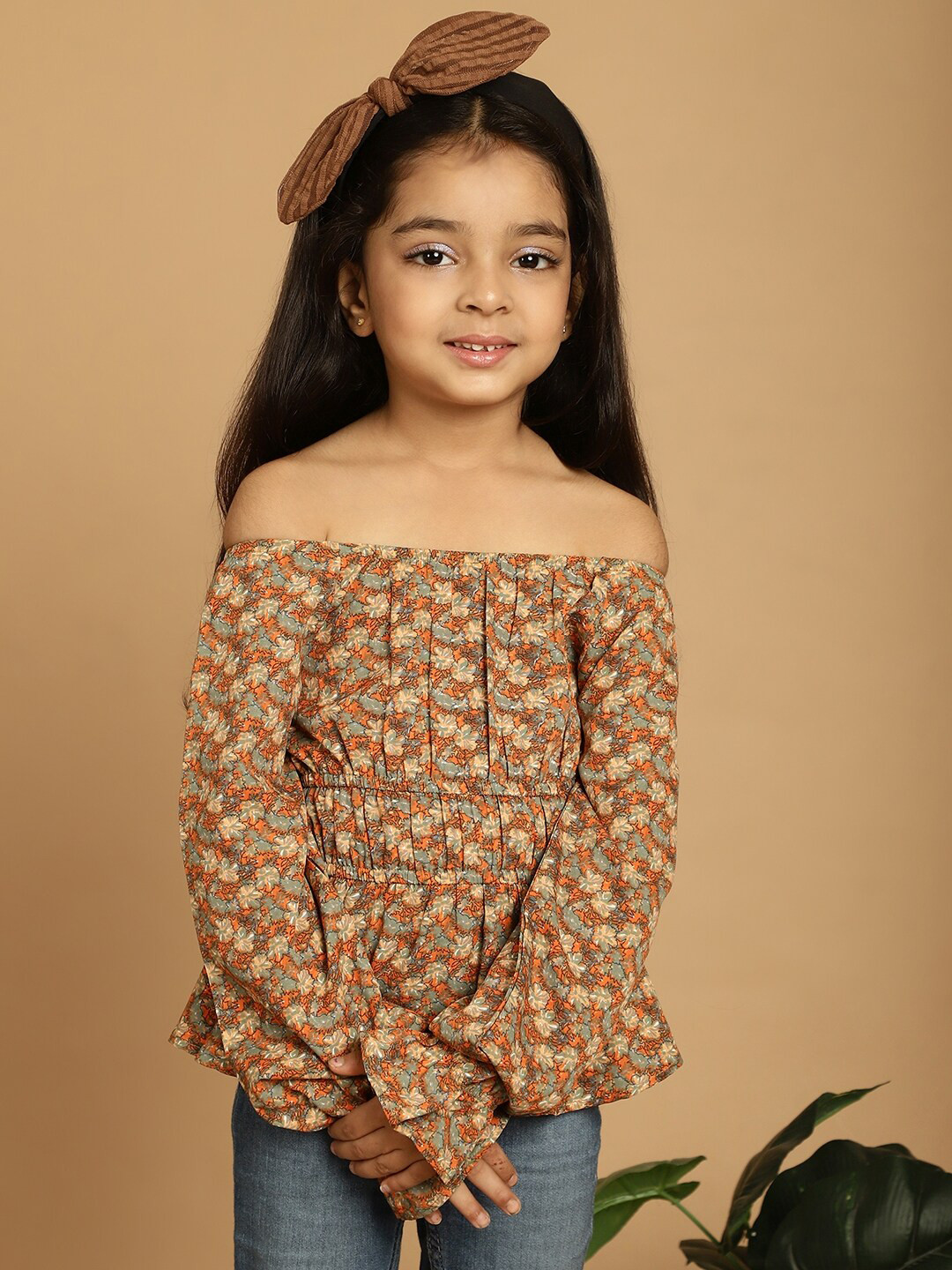 Buy MINI & MING Girls Floral Printed Off Shoulder Puff Sleeves Gathered Bardot Top - Tops for ...