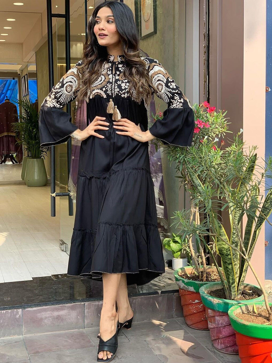 Buy KALINI Floral Embroidered Bell Sleeves Tiered Pure Cotton Fit And ...