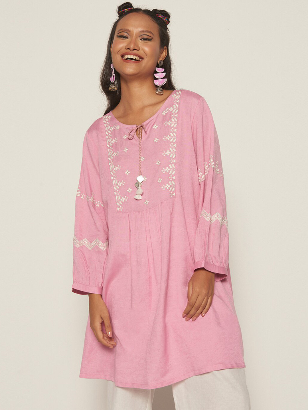 Buy Global Desi Embroidered Tie Up Neck Tunic - Tunics for Women ...
