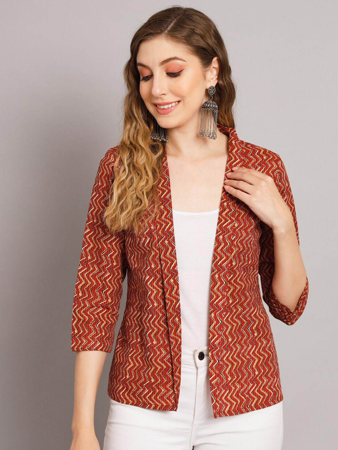 Buy KALINI Chevron Printed Cotton Open Front Shrug - Shrug for Women ...
