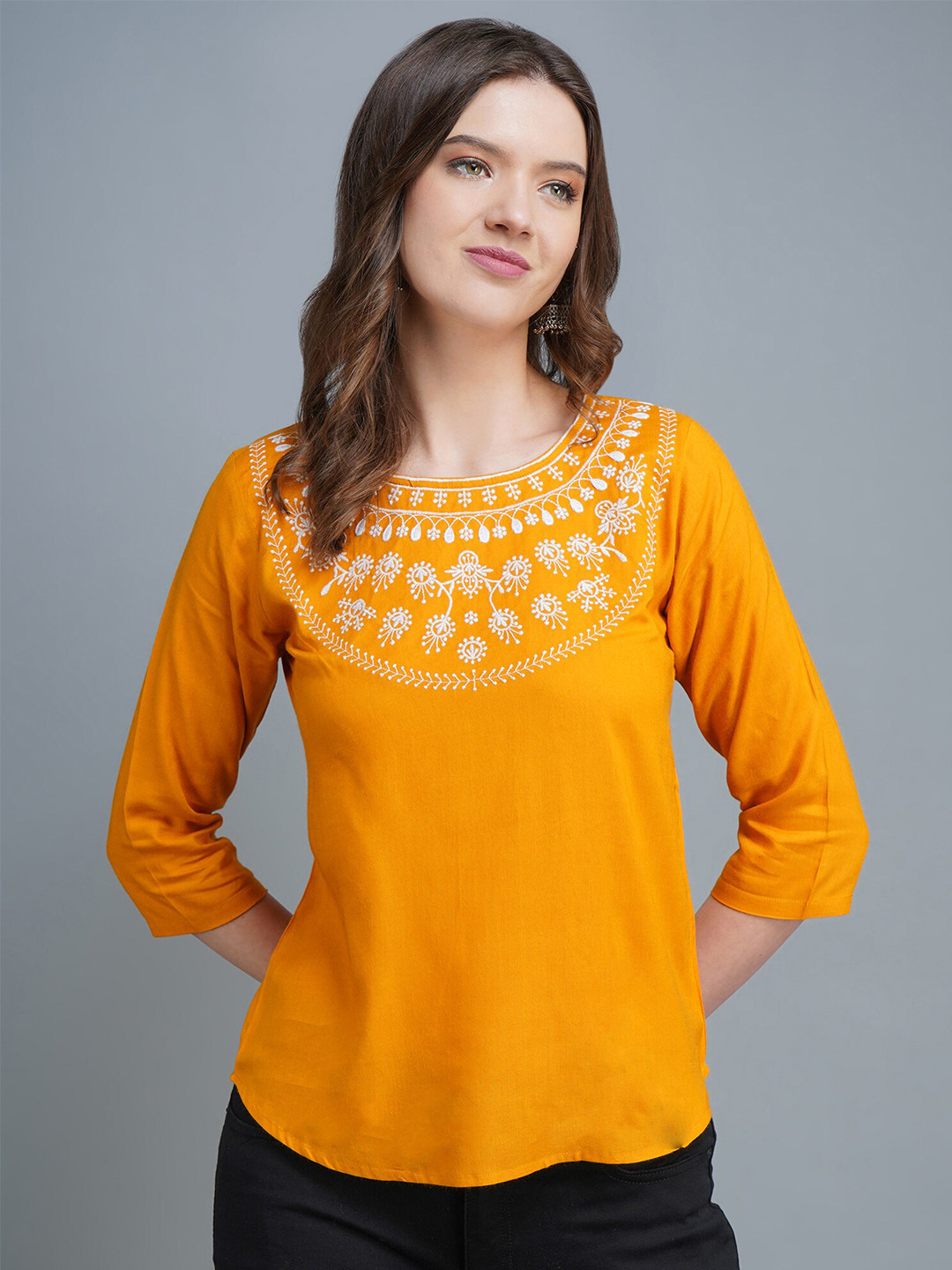 Buy MANKSH Round Neck Ethnic Motifs Embroidered Top - Tops for Women ...