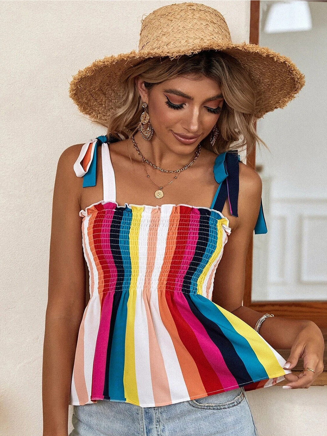 Buy Stylecast X Slyck Colourblocked Vertical Stripes Smocking Top ...