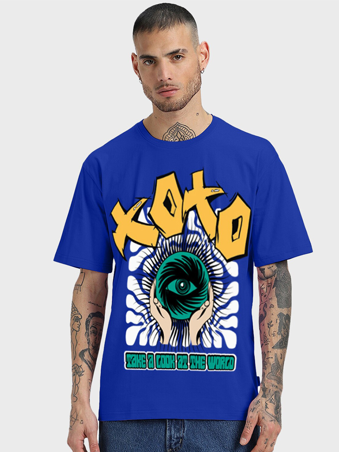 Buy VEIRDO Round Neck Short Sleeves Graphic Printed Pure Cotton Cotton ...