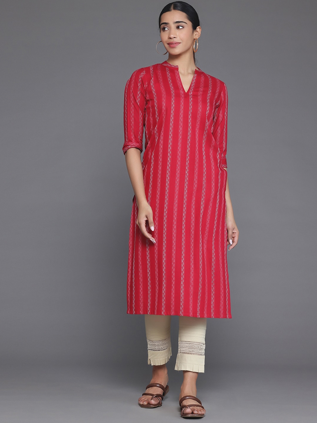 Buy Libas Striped Jacquard Mandarin Collar Kurta Kurtas For Women
