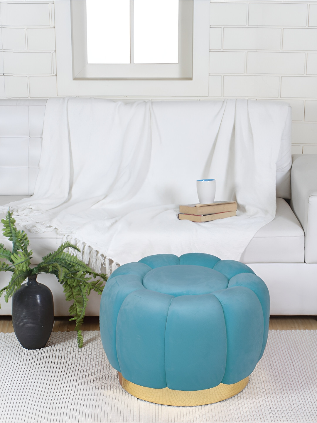 Buy Shadowkart Blue Floral Shaped Wooden & Velvet Ottoman Pouffe Stool ...