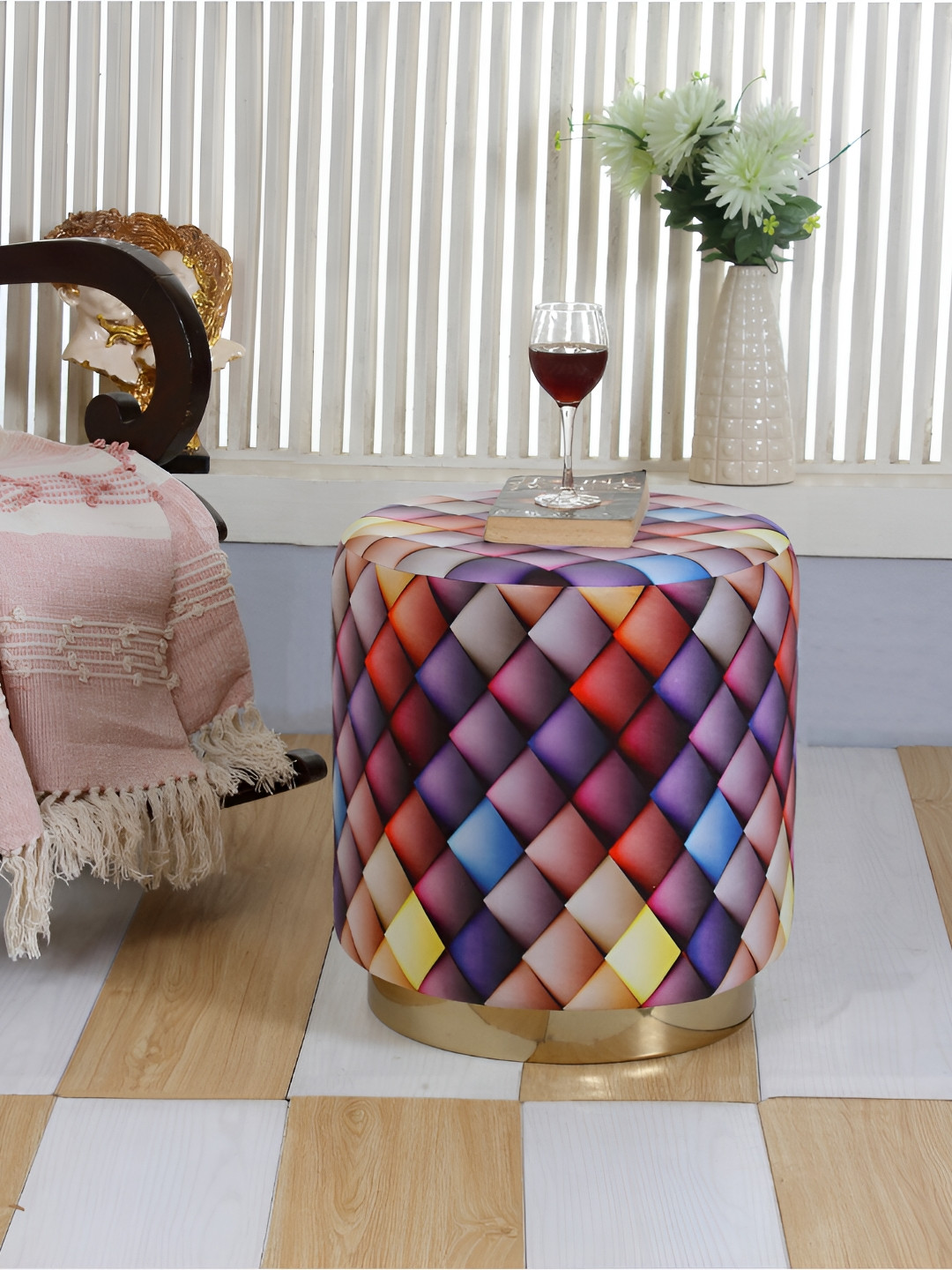 Buy Shadowkart Purple Geometric Print Wooden & Velvet Pedestal Stool ...