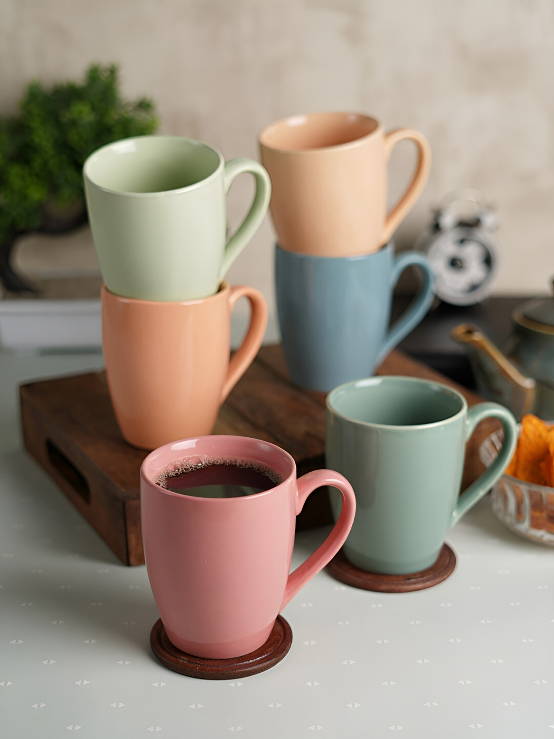 Buy CDI Pink & Green & Pink 6 Pcs Ceramic Glossy Mugs 300 Ml - Cups And ...