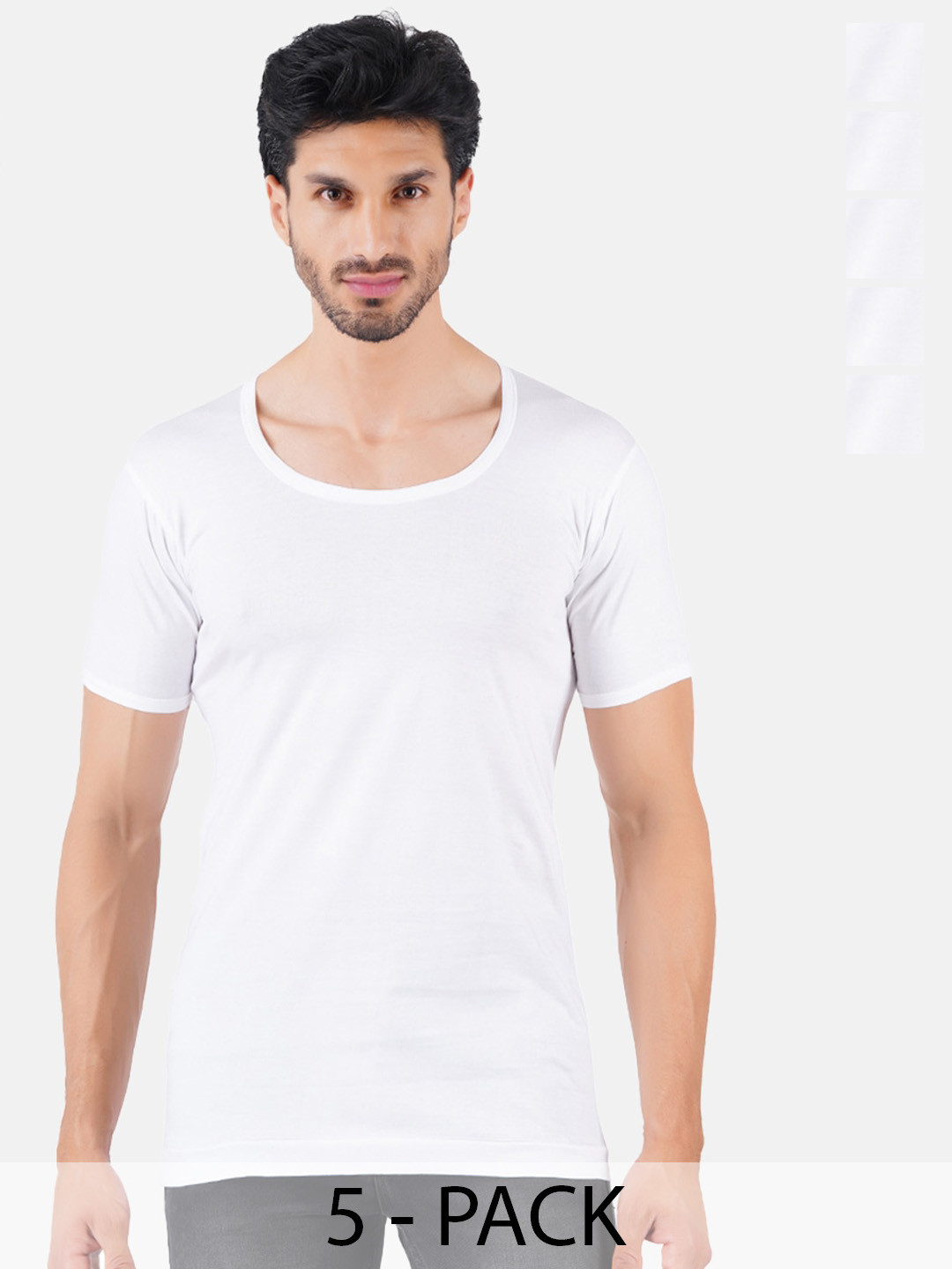 Buy Ramraj Pack Of 5 Men White Round Neck Half Sleeve Cotton Innerwear ...